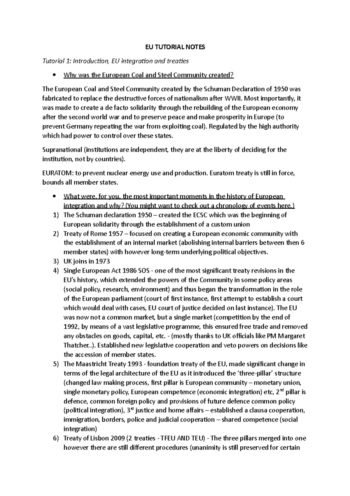 EU Tutorial Notes - EU TUTORIAL NOTES Tutorial 1: Introduction, EU ...