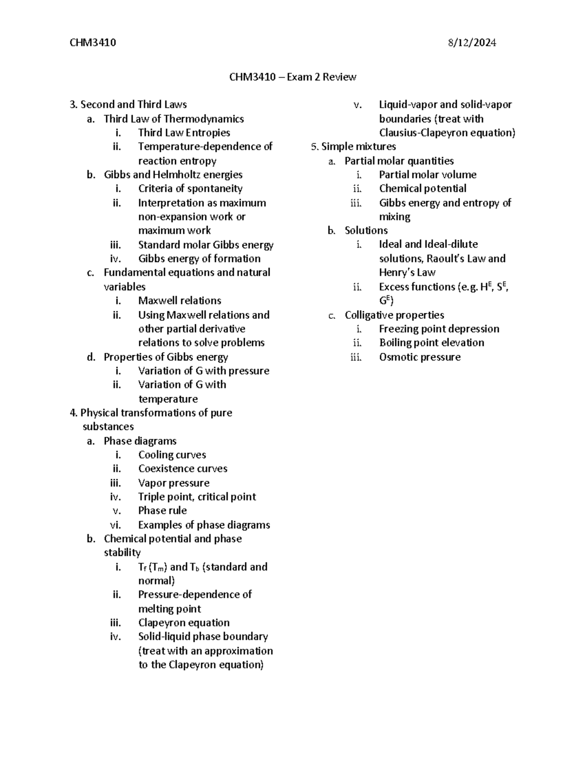 Exam 2 Review Spring 2024 - CHM3410 8 / 12 /202 4 CHM3410 – Exam 2 ...