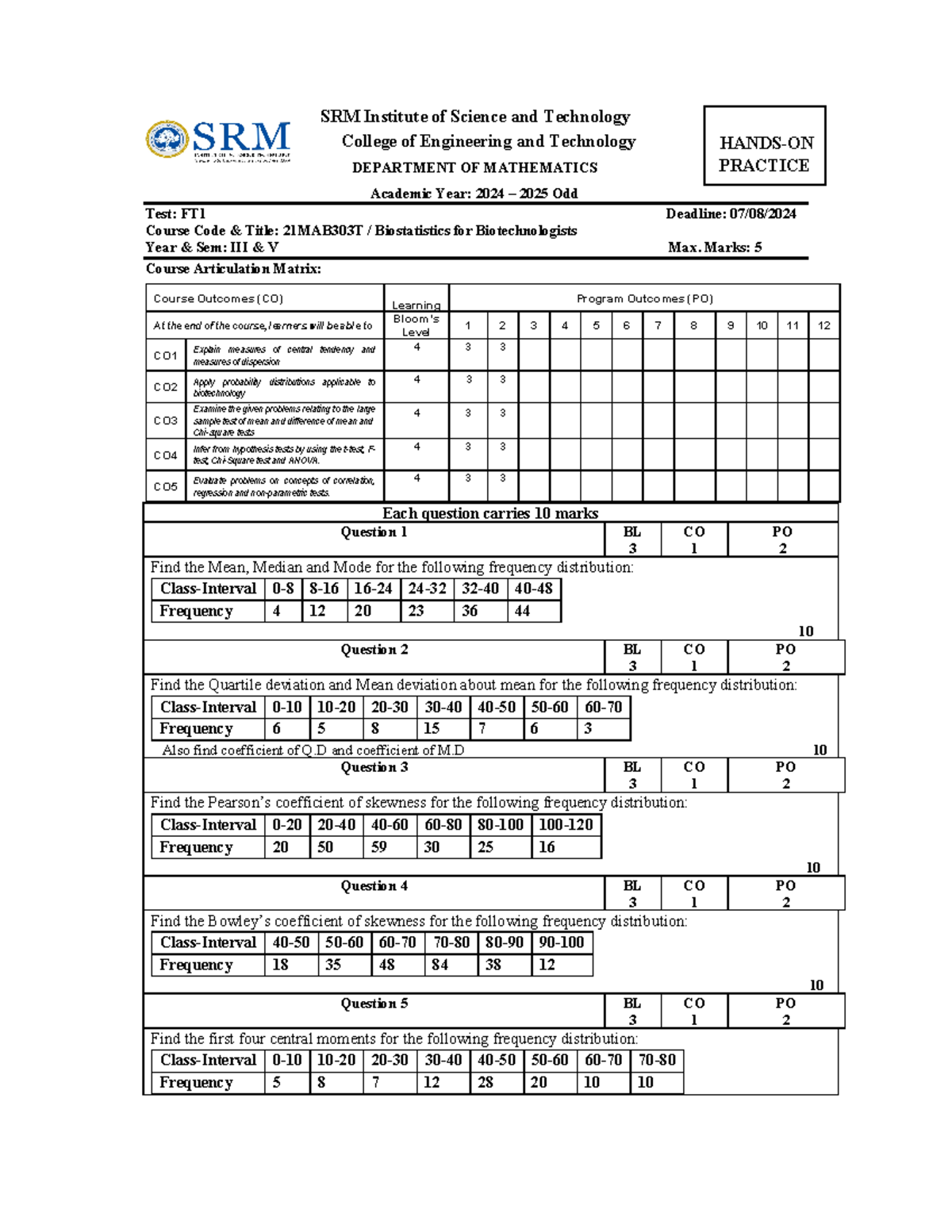 Unit 1 Hands on Practice - SRM Institute of Science and Technology ...