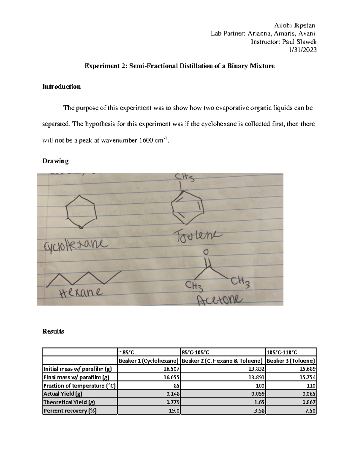 Orgo 1 lab 2 report - lab 2 - Lab Partner: Arianna, Amaris, Avani ...
