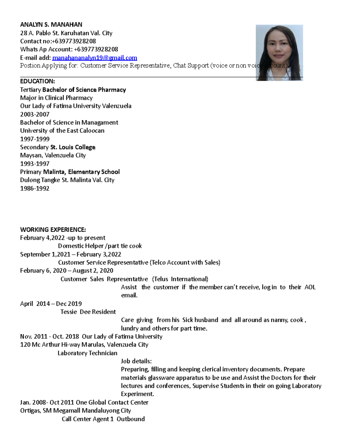 Analyn Manahan 2022 - Other - ANALYN S. MANAHAN 28 A. Pablo St ...