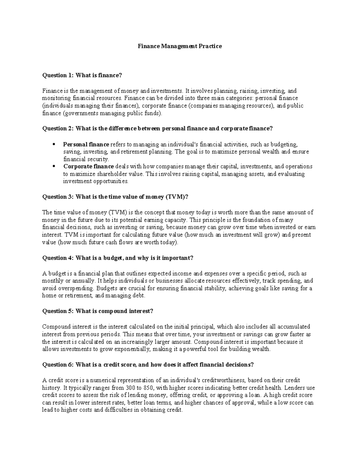 Finance Management - task - Finance Management Practice Question 1 ...