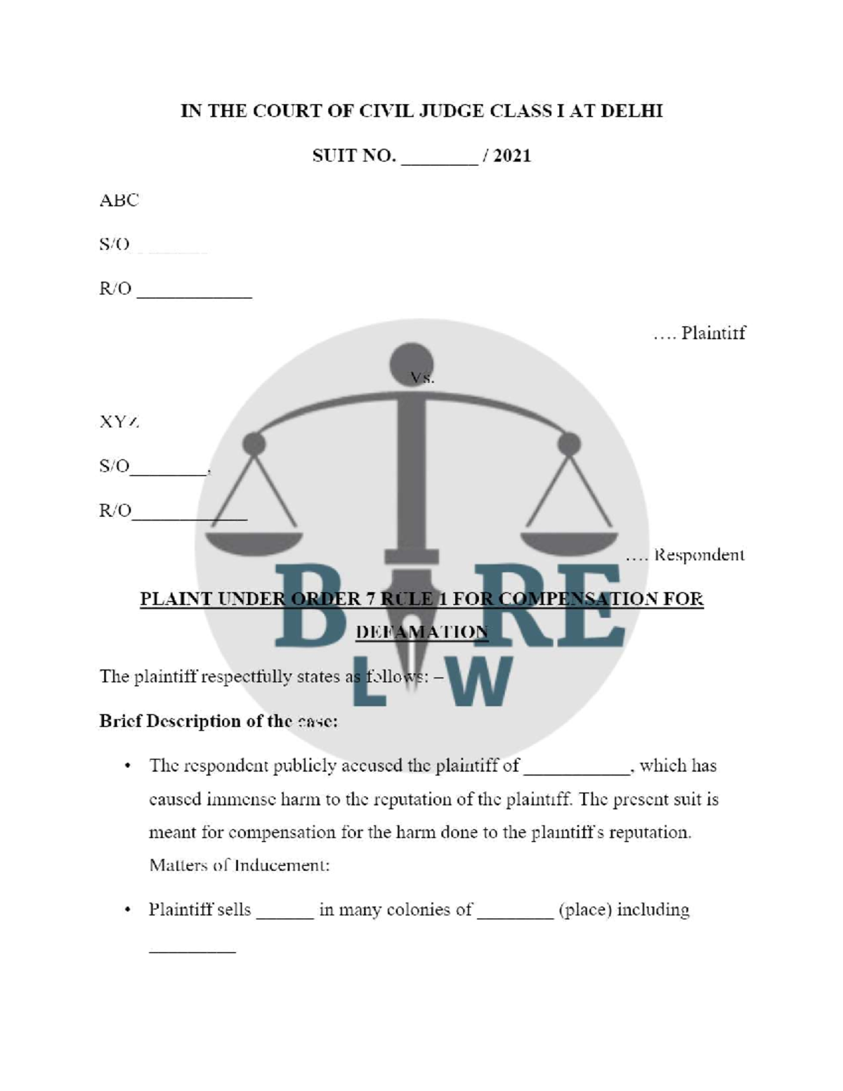 Plaint for defamation - pleading drafting and conveyancing - LLB - Studocu