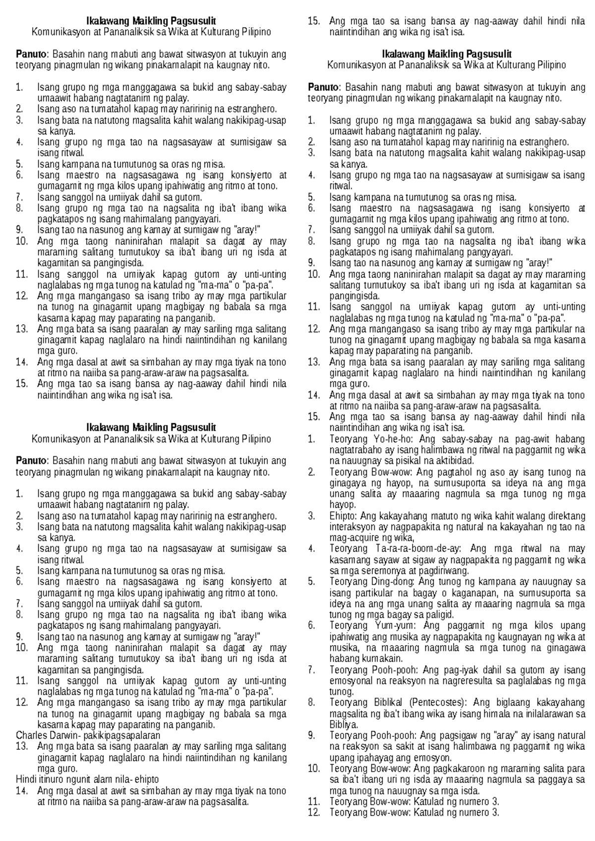 Teorya ng wika quiz - quiz reviewer - Ikalawang Maikling Pagsusulit ...