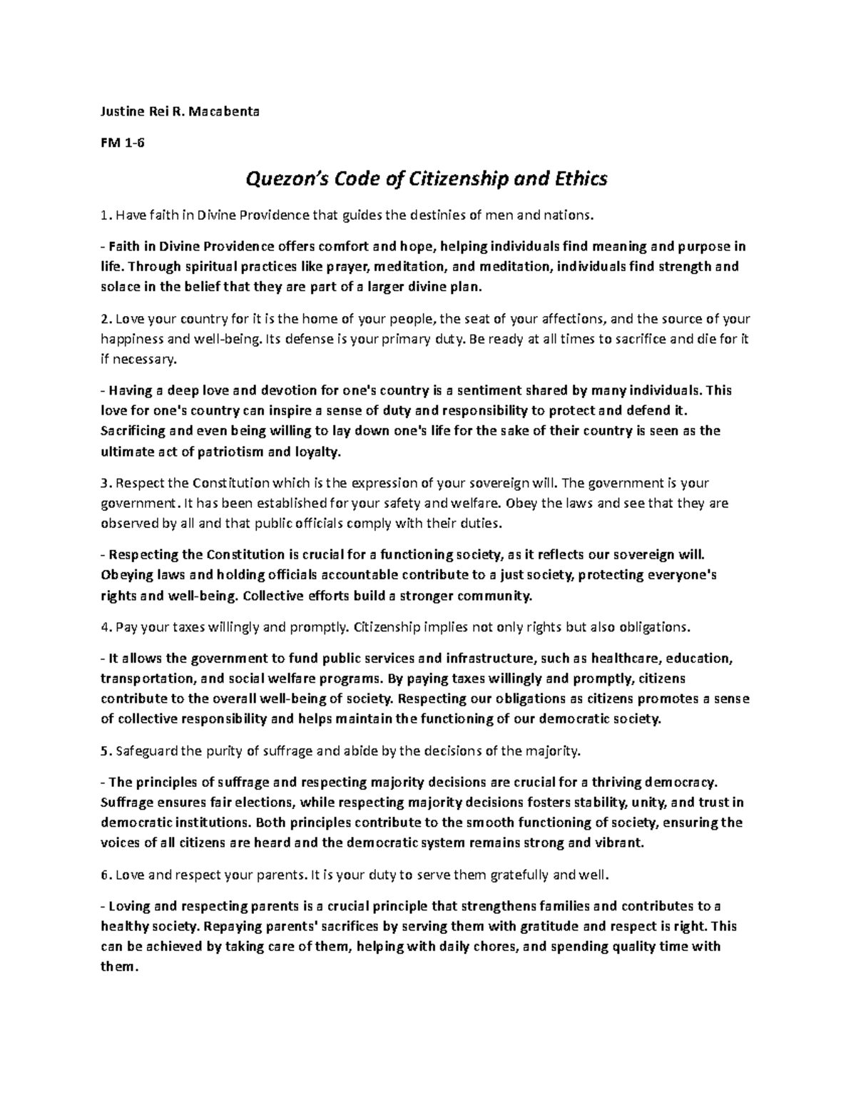 NSTP - Quezon’s Code of Citizenship and Ethics - Justine Rei R ...