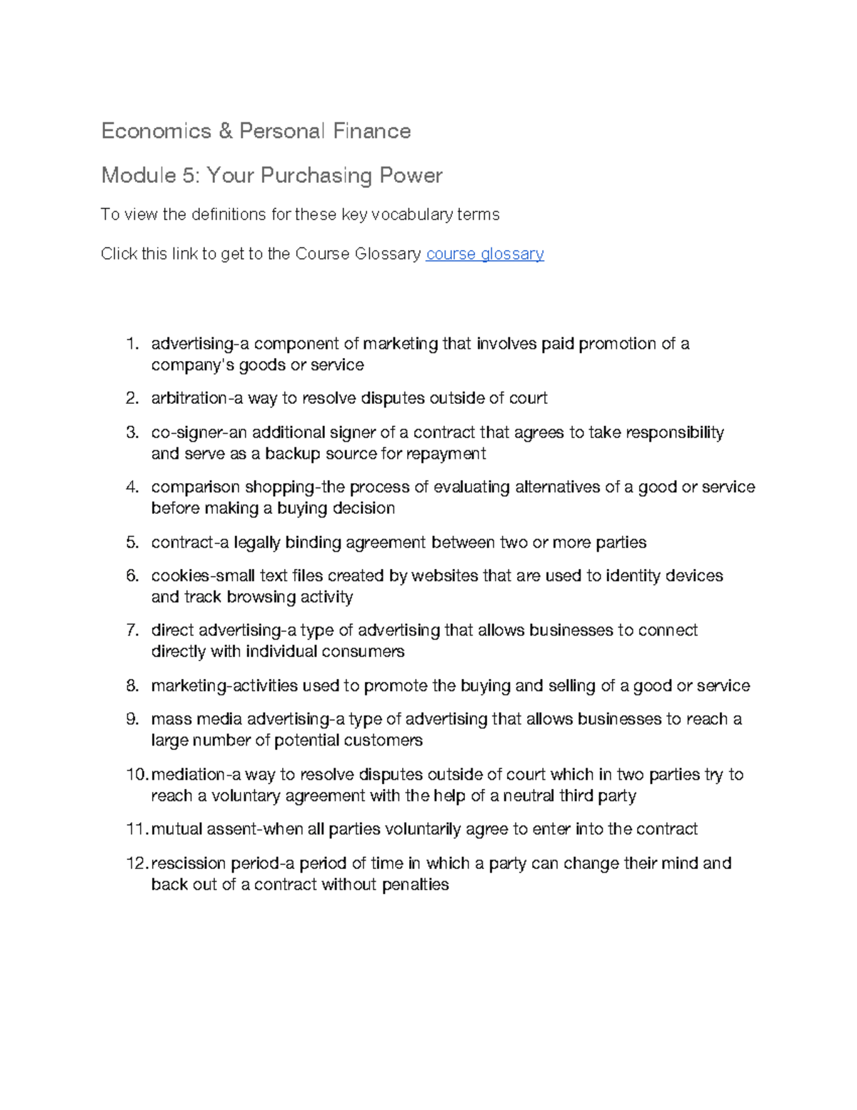 Copy of Module 5 Vocabulary - Economics & Personal Finance Module 5 ...