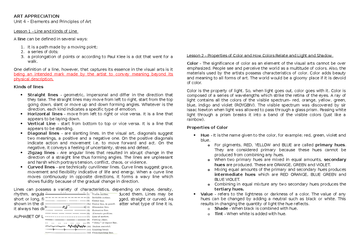 ART Appreciation - Notes - ART APPRECIATION Unit 4 – Elements and ...