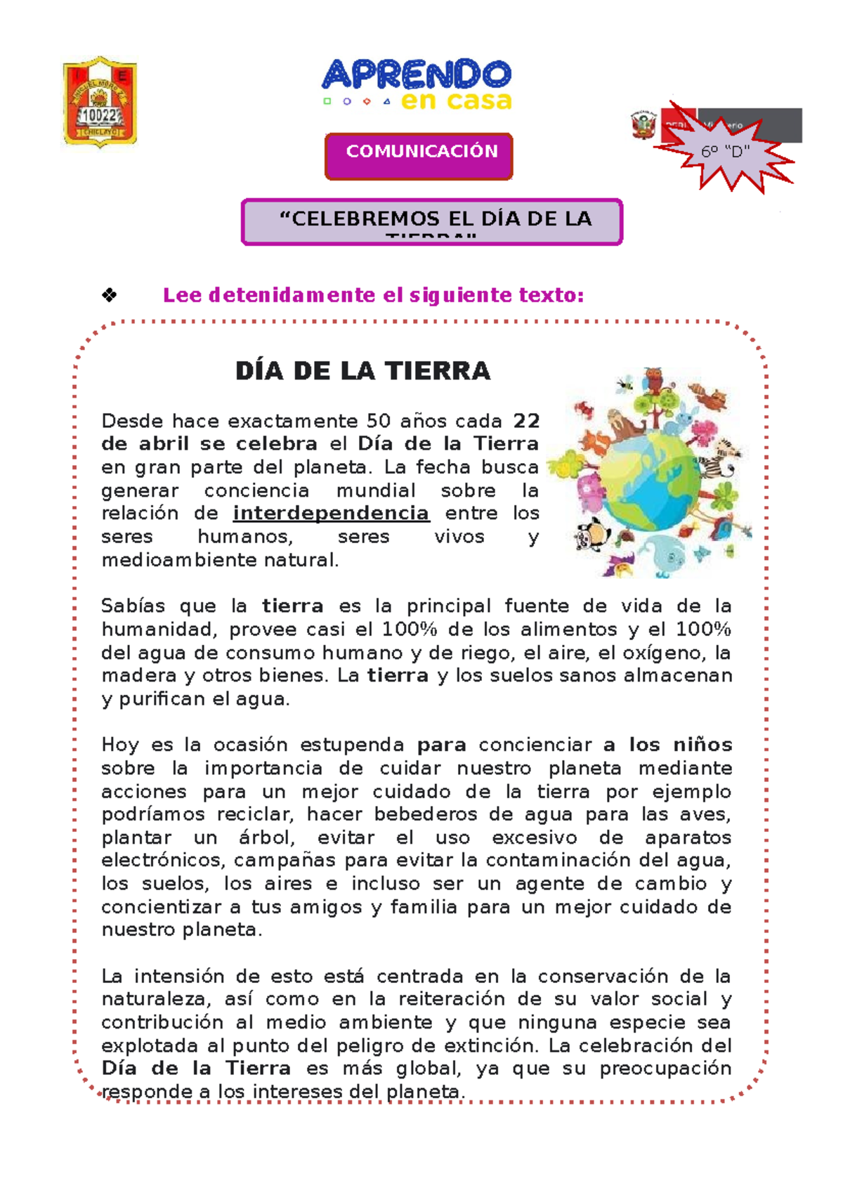 22 de Abril día de la Tierra - Lee detenidamente el siguiente texto ...