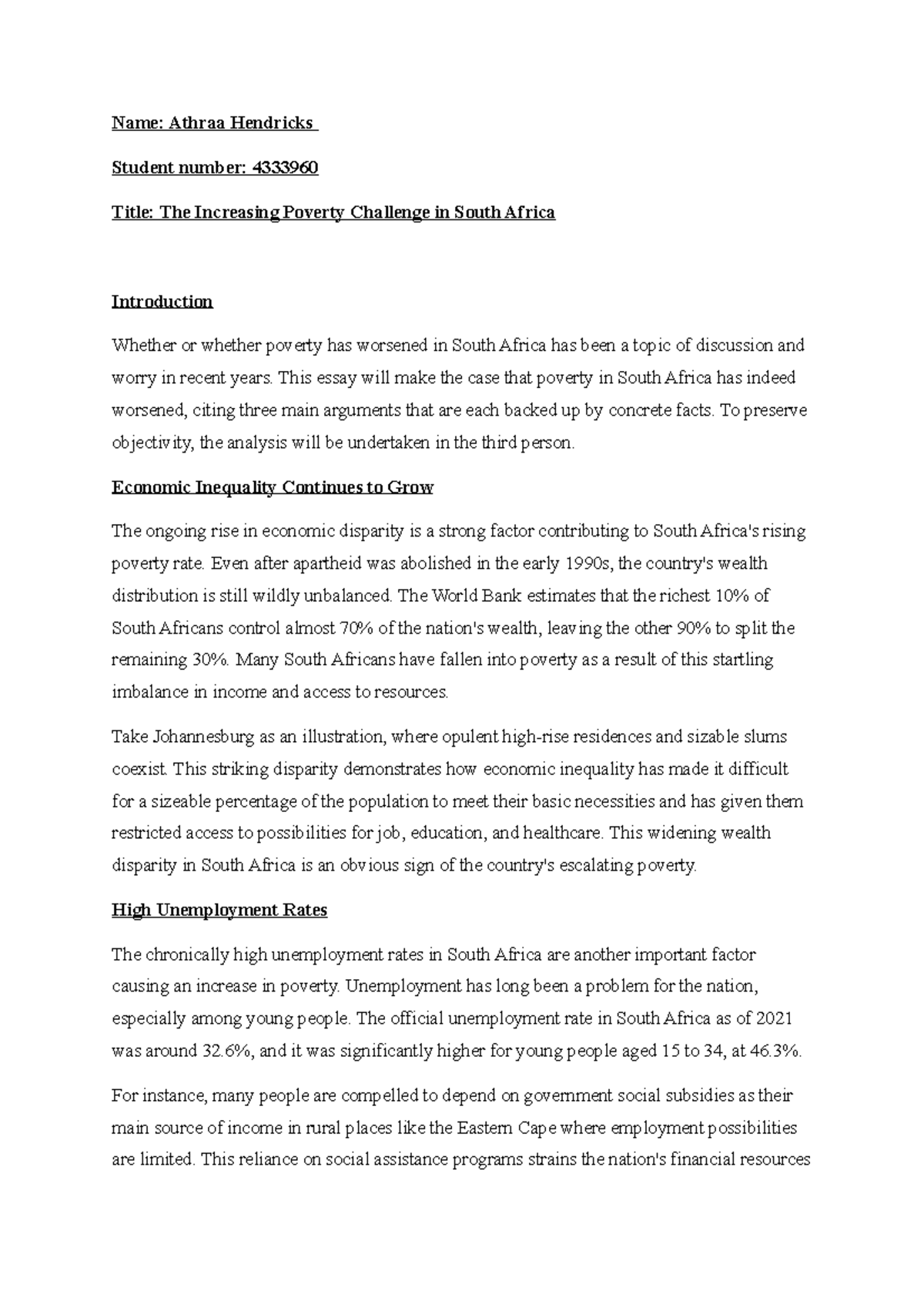 ALC essay draft - Name: Athraa Hendricks Student number: 4333960 Title ...