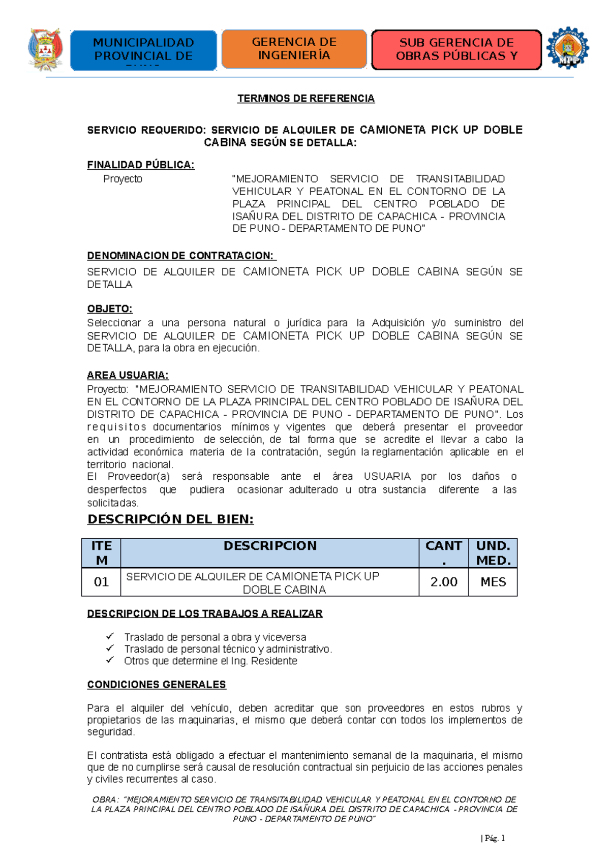 TDR DE Camioneta - AAA - TERMINOS DE REFERENCIA SERVICIO REQUERIDO ...
