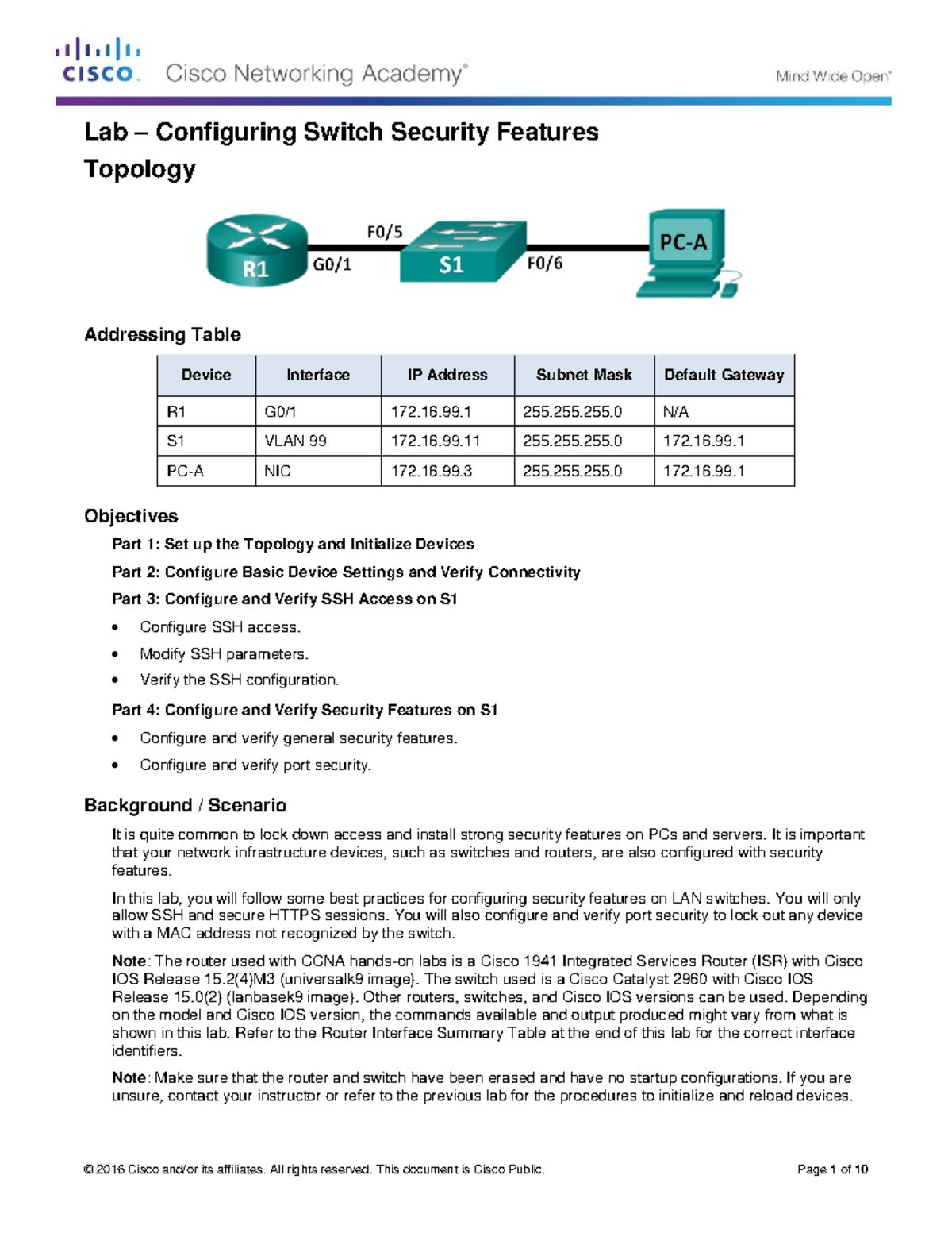 5.2.2.9 Lab - Configuring Switch Security Features - Topology Addressing Table Device Interface ...