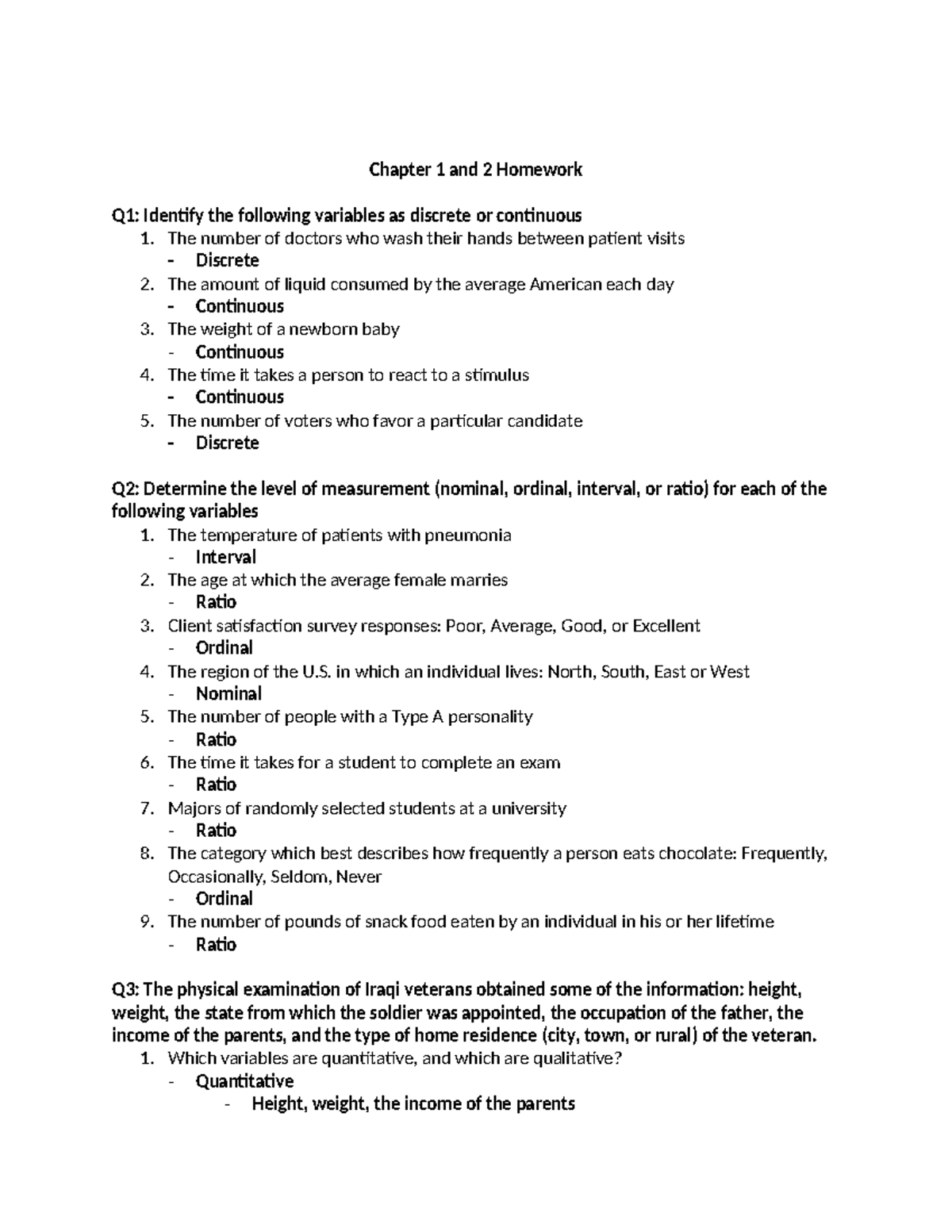 QMET 251 Chapter 1 and 2 Homework - Chapter 1 and 2 Homework Q1 ...