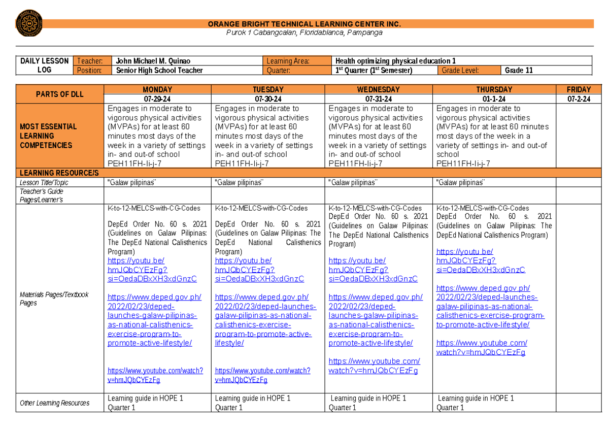 DLL HOPE1 week 5 - Daily lesson plan in HOPE 1 - ORANGE BRIGHT ...