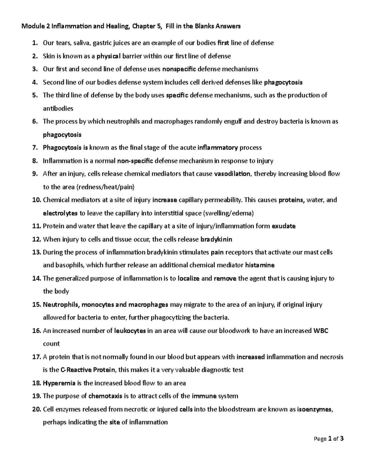 Module 2 Fill in the Blanks Answers - Module 2 Inflammation and Healing ...