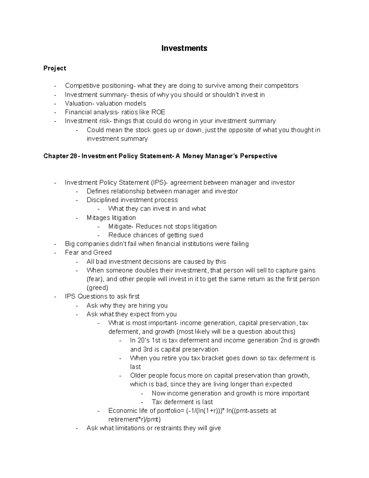 Investments Notes - Investments Project Competitive positioning- what ...