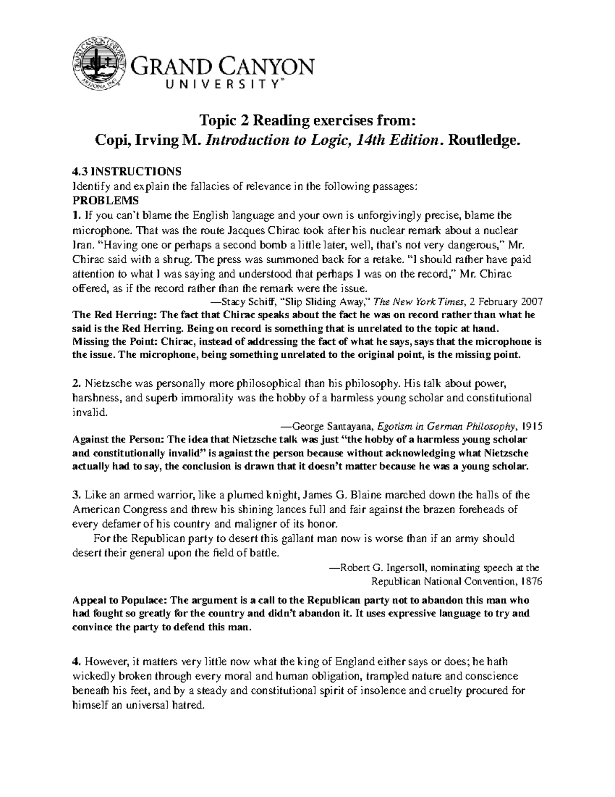 COM-362 Read Ex 2 - topic 2 exercises - Topic 2 Reading exercises from: Copi, Irving M ...