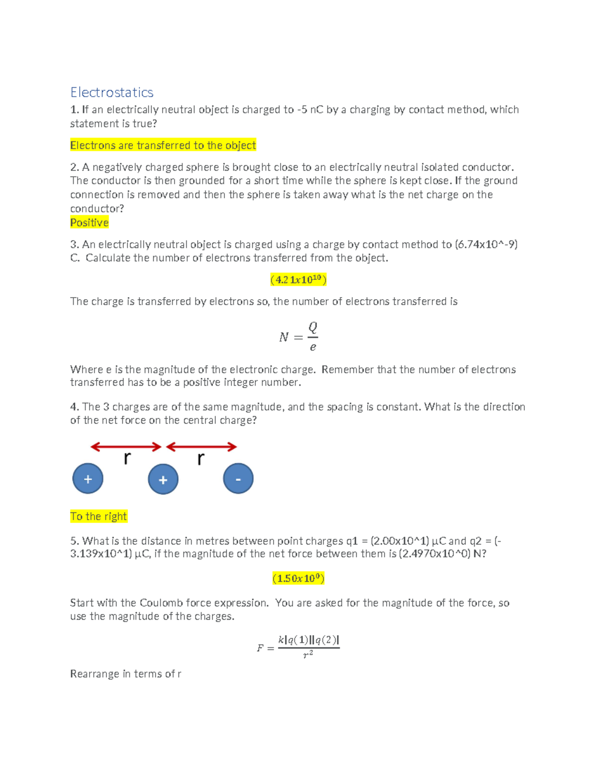phys 1004 weekly quiz questions and answers - Electrostatics If an ...