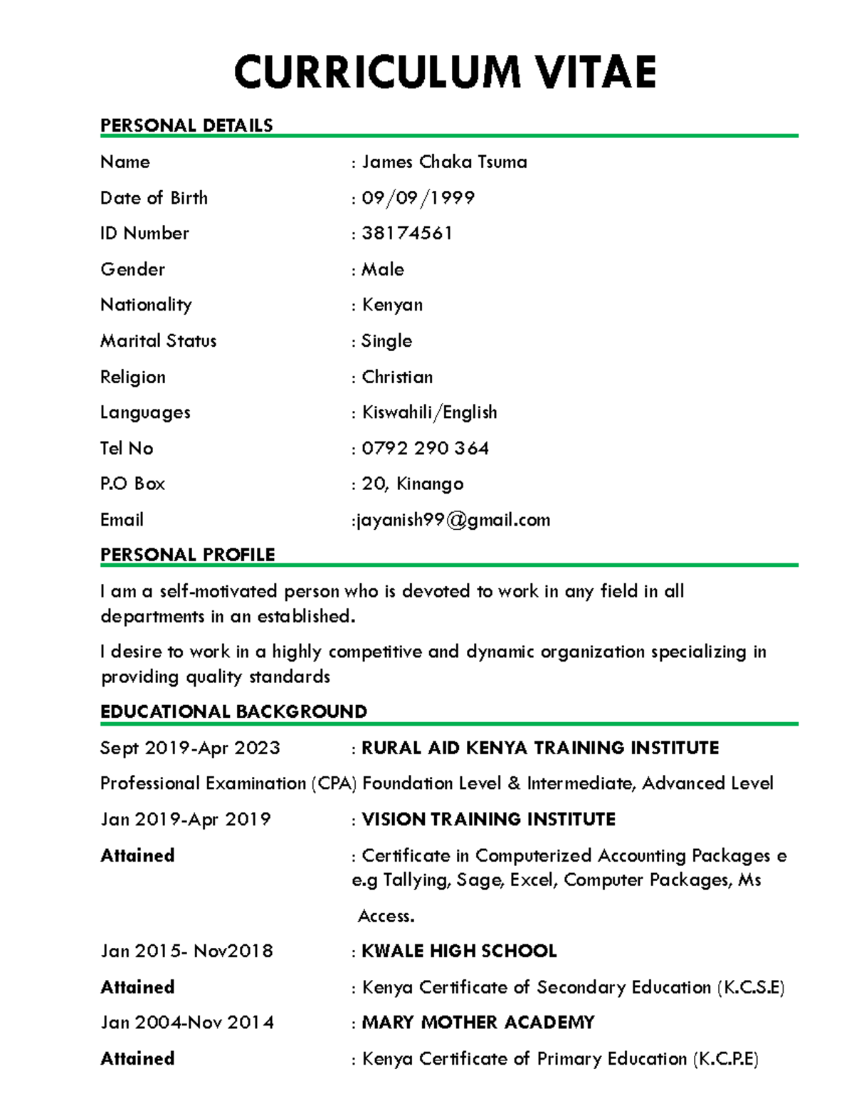 James CV - ebook - CURRICULUM VITAE PERSONAL DETAILS Name : James Chaka ...