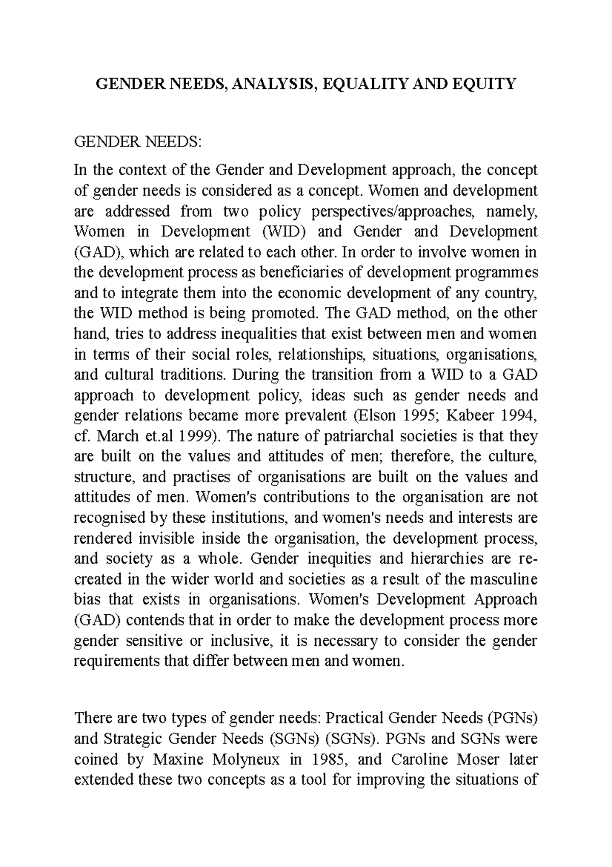 Gender Needs Analysis Equality AND Equity - GENDER NEEDS, ANALYSIS ...