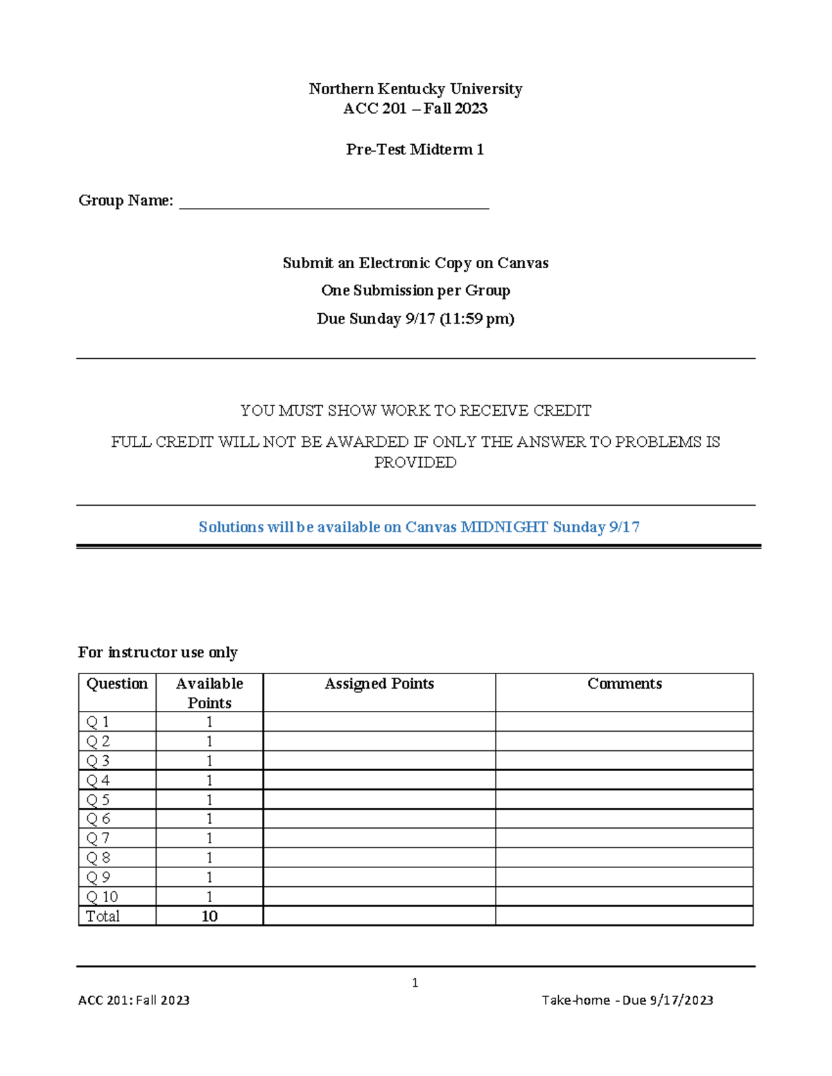 Takehome Pre-test Exam 1- Fall 2023 - 1 Northern Kentucky University ...