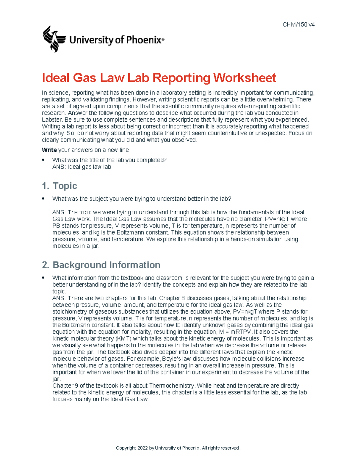 Chm150 v4 wk7 ideal gas law lab report observational - CHM/150 v Ideal ...