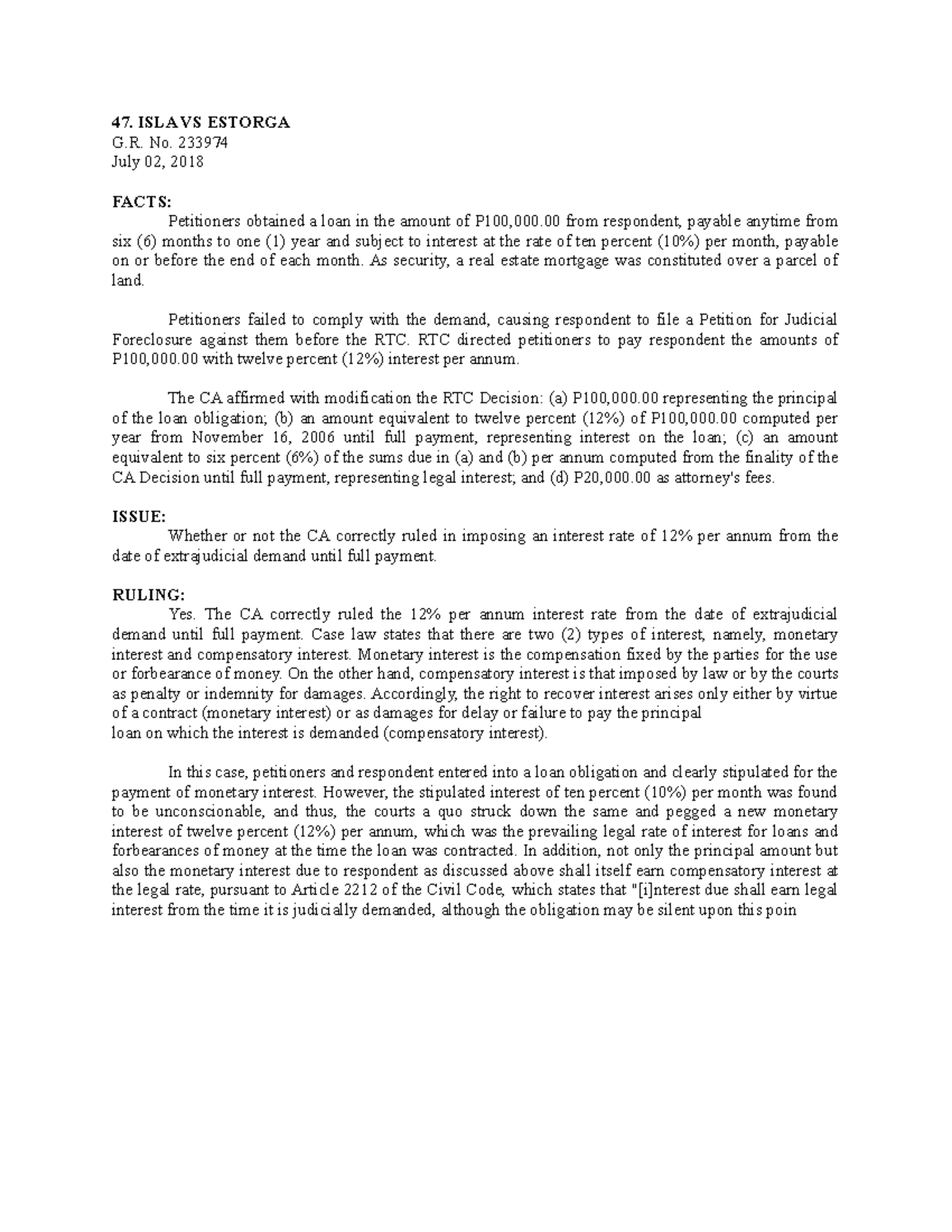 47 isla vs estorga - Case Digest - 47. ISLA VS ESTORGA G. No. 233974 ...