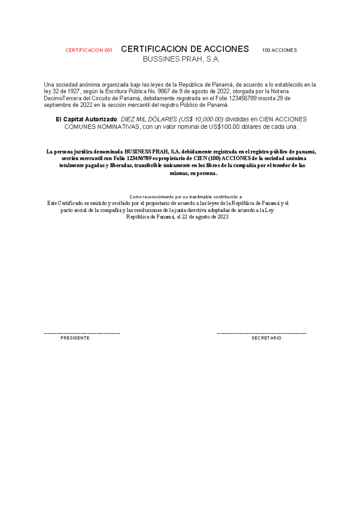 CERTIFCADO DE ACCIONES DE UNA EMPRESA - CERTIFICACION 001 CERTIFICACION ...