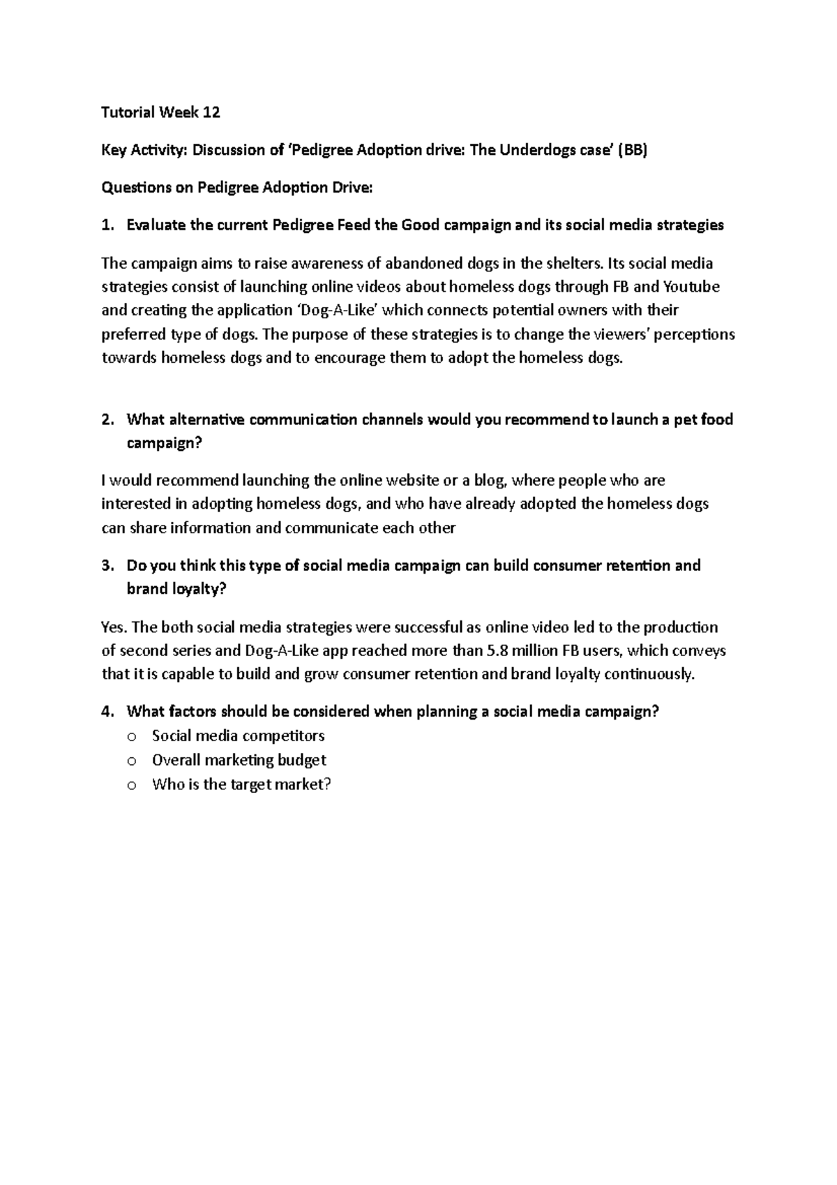 W12 tutorial - answers - Tutorial Week 12 Key Activity: Discussion of ...