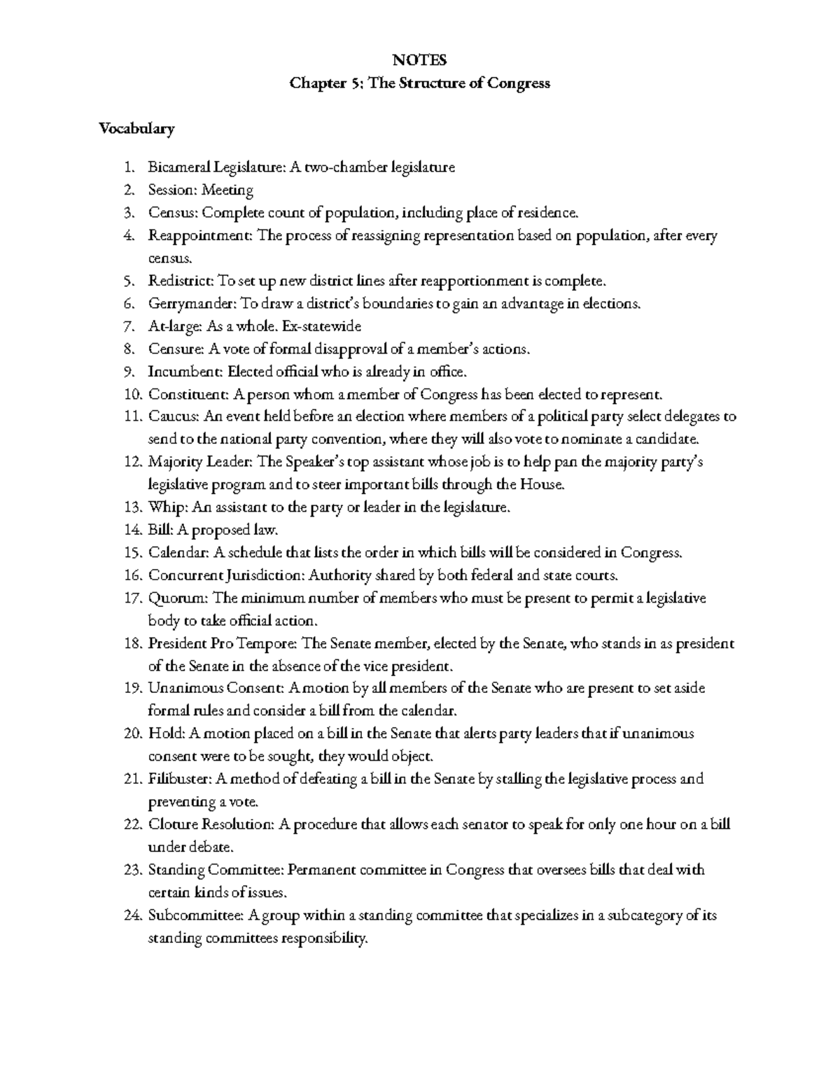 Chapter 5 The Structure of Congress - NOTES Chapter 5: The Structure of ...