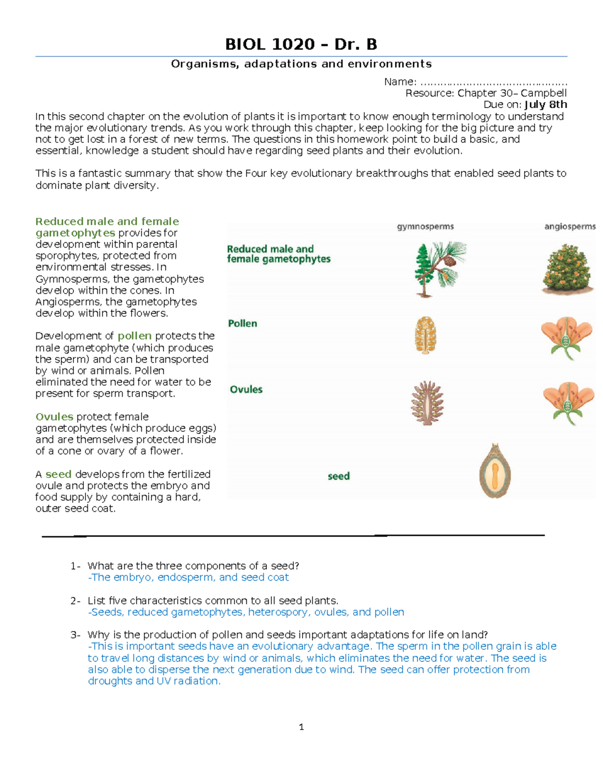 Homework Evolution of seed plants CH 30 - Organisms, adaptations and ...