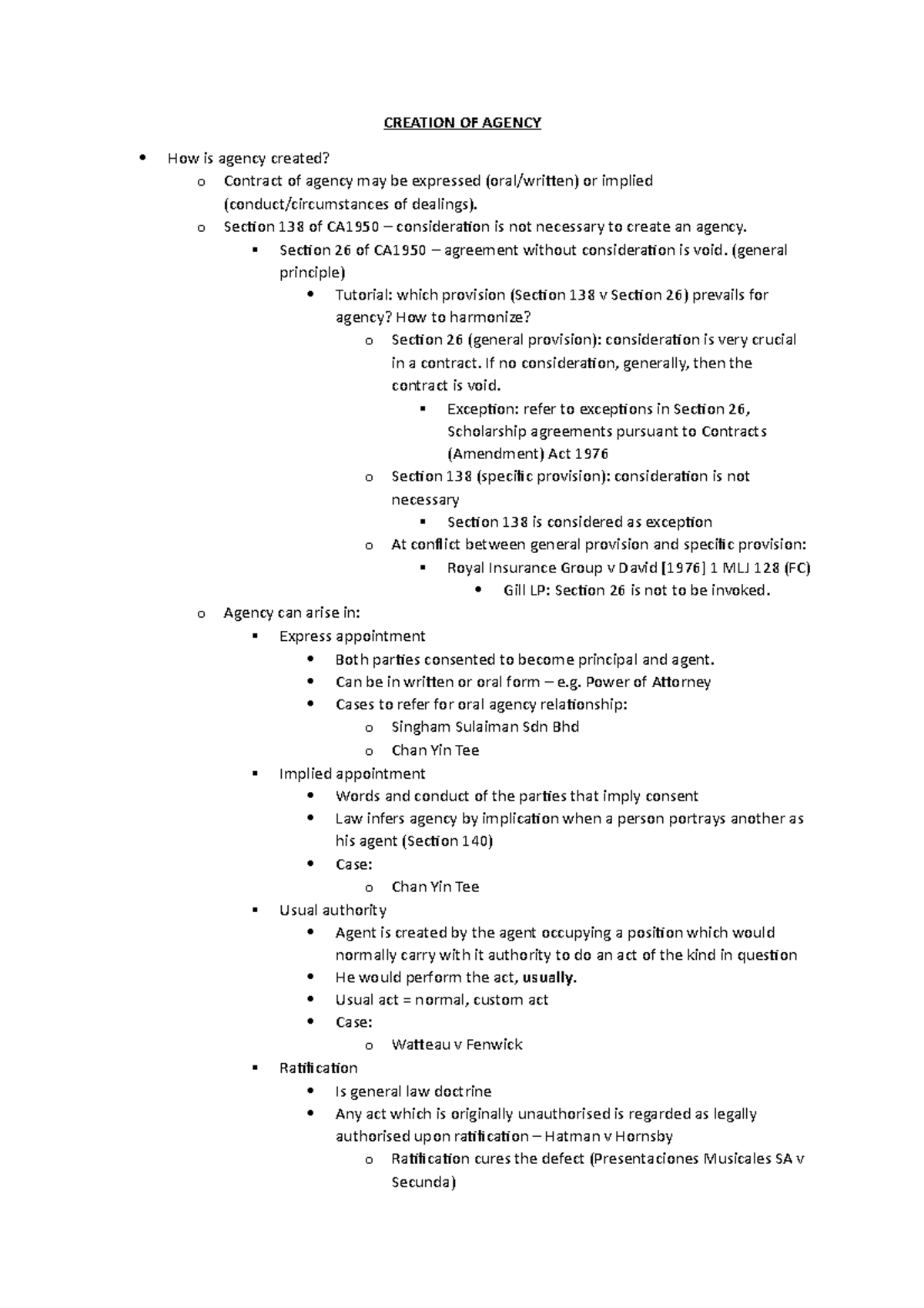 Creation of Agency - CREATION OF AGENCY How is agency created? o ...