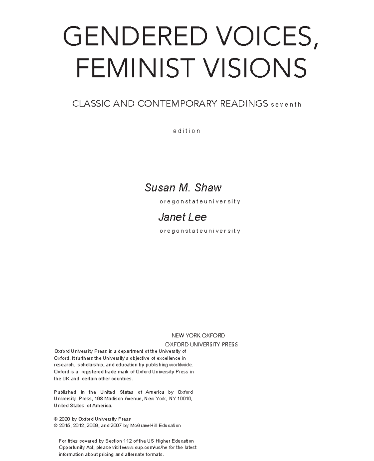 WS100 Textbook - GENDERED VOICES, FEMINIST VISIONS ####### CLASSIC AND ...