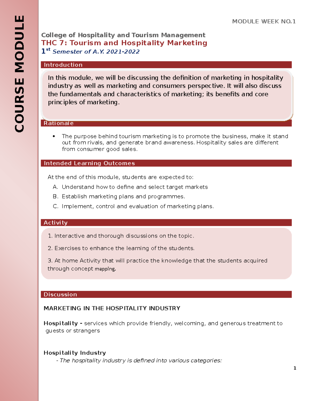 Module 1 - Introduction to Tourism and Hospitality Marketing - COURSE ...