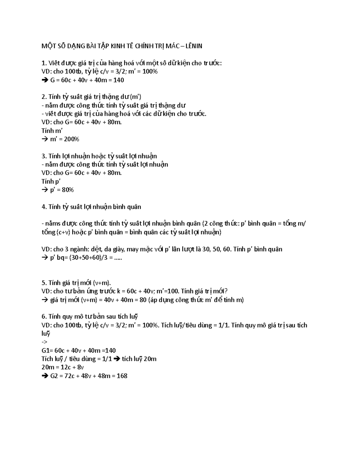 MỘT SỐ DẠNG BÀI TẬP KINH TẾ Chính TRỊ MÁC - M ỘT SỐỐ D ẠNG BÀI T ẬP KINH TẾỐ CHÍNH TR MÁC ...