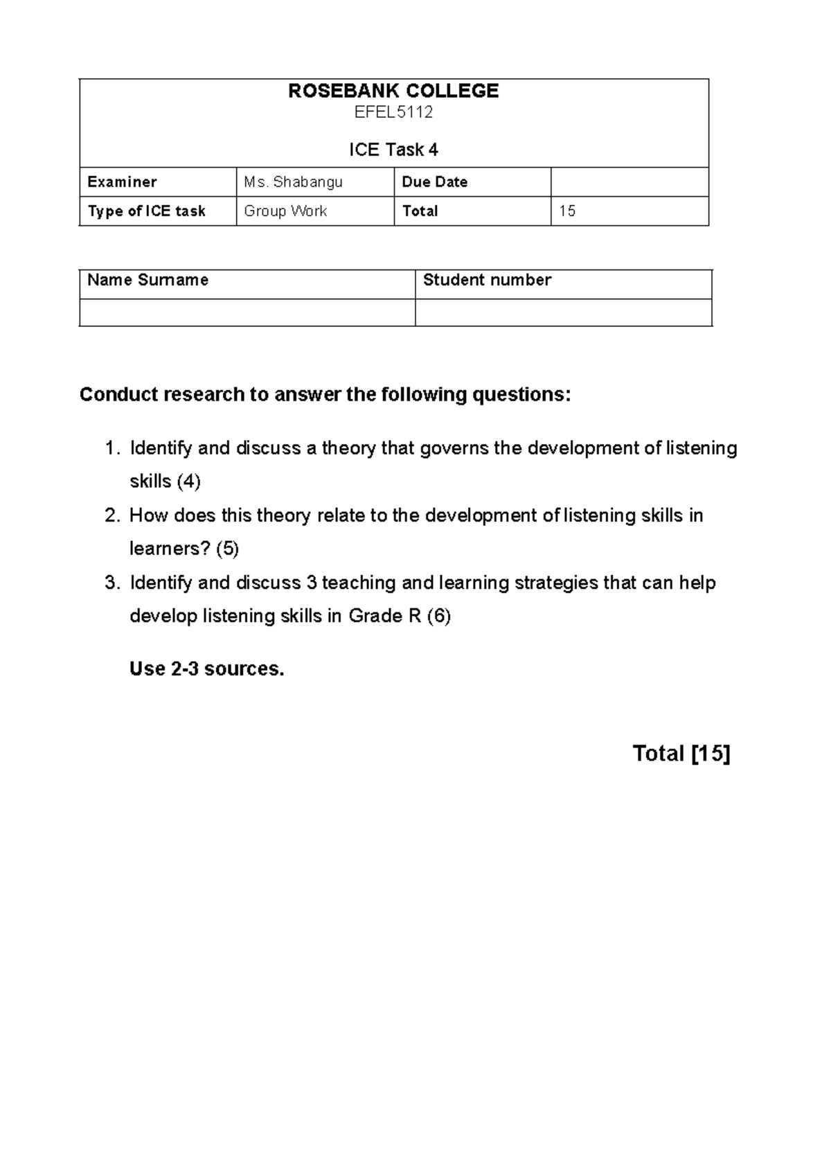 EFEL5112 ICE TASK 4 - ice task - ROSEBANK COLLEGE EFEL ICE Task 4 ...
