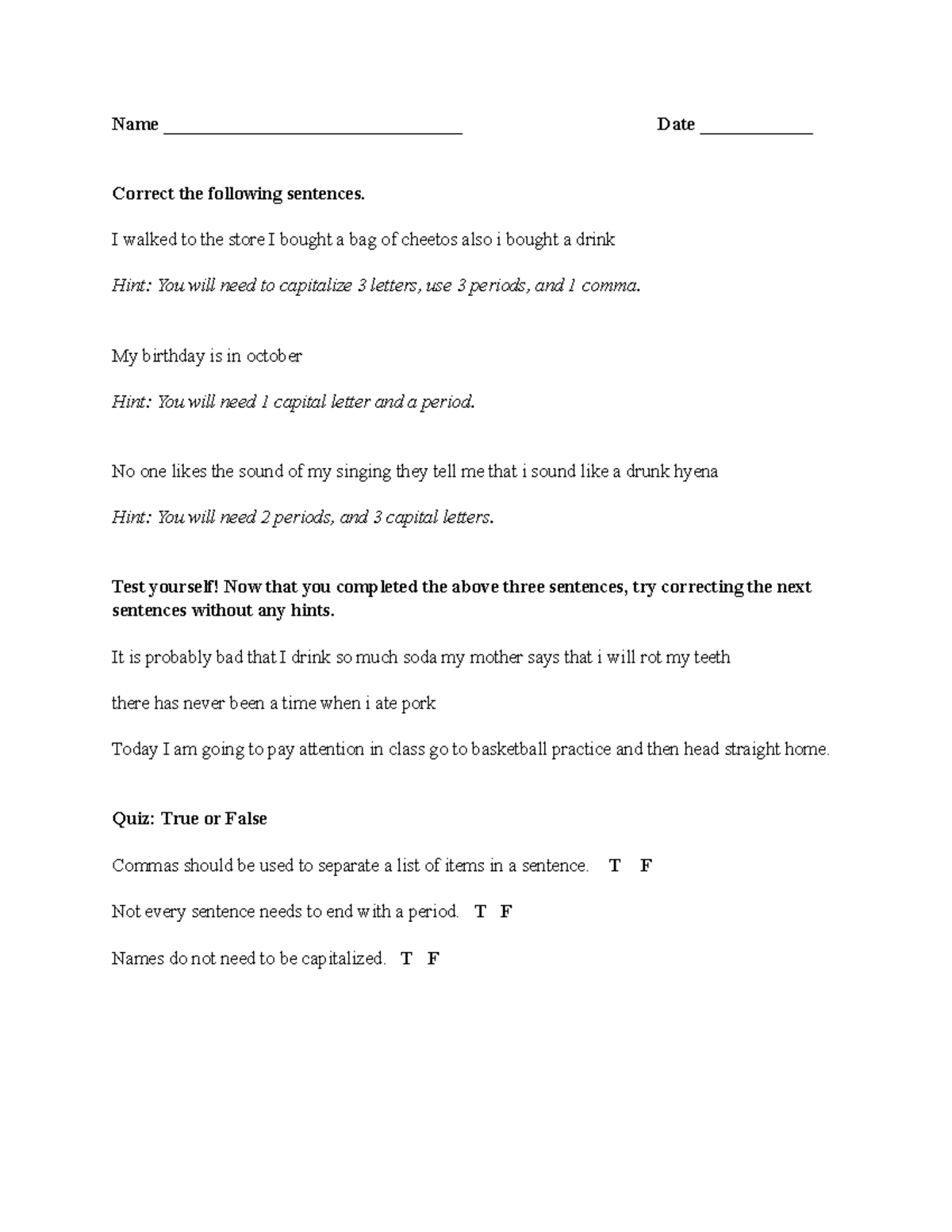 Commas and capitals - Simple outline for practicing grammar. - Name