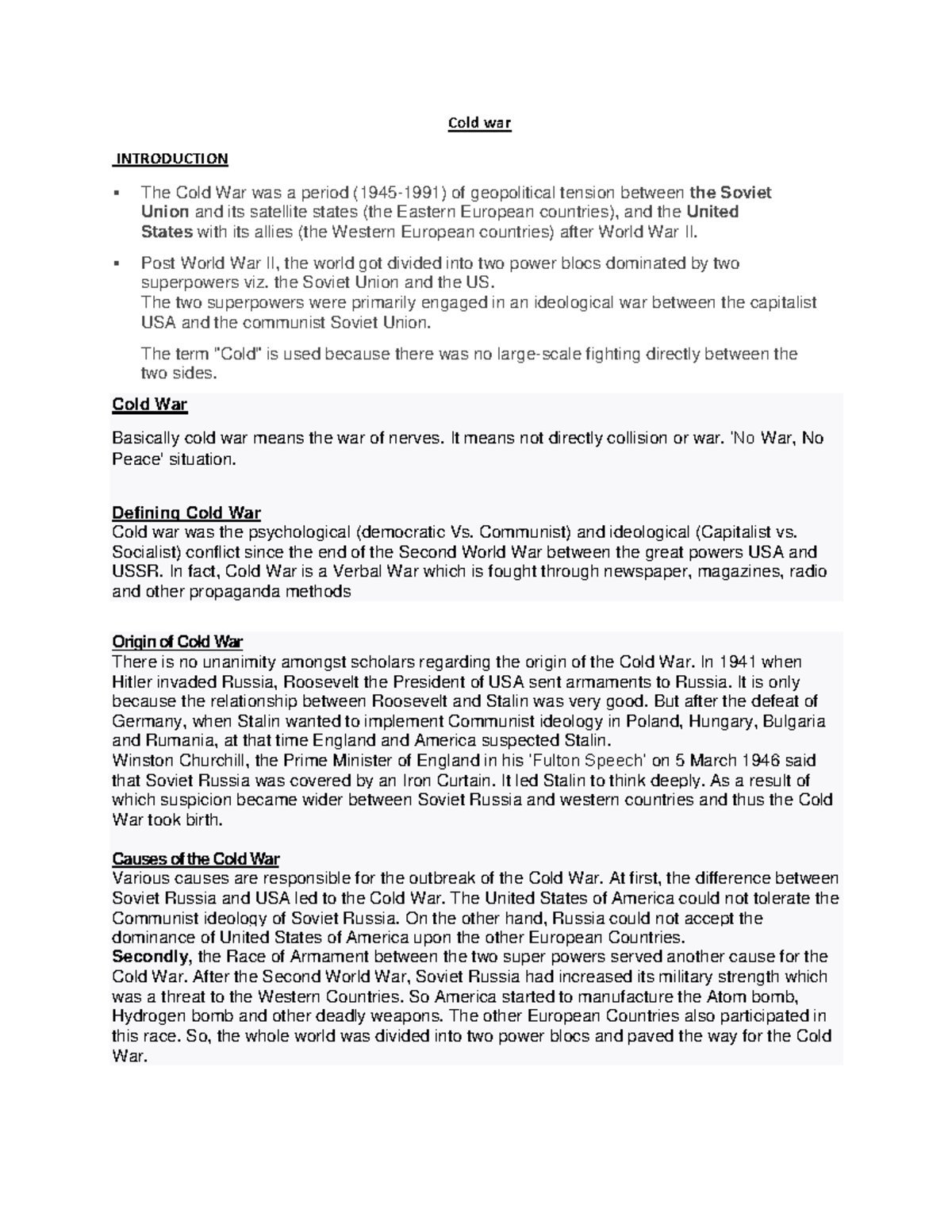 Cold war - bbhfhdhgdh - Cold war INTRODUCTION The Cold War was a period (1945-1991) of - Studocu