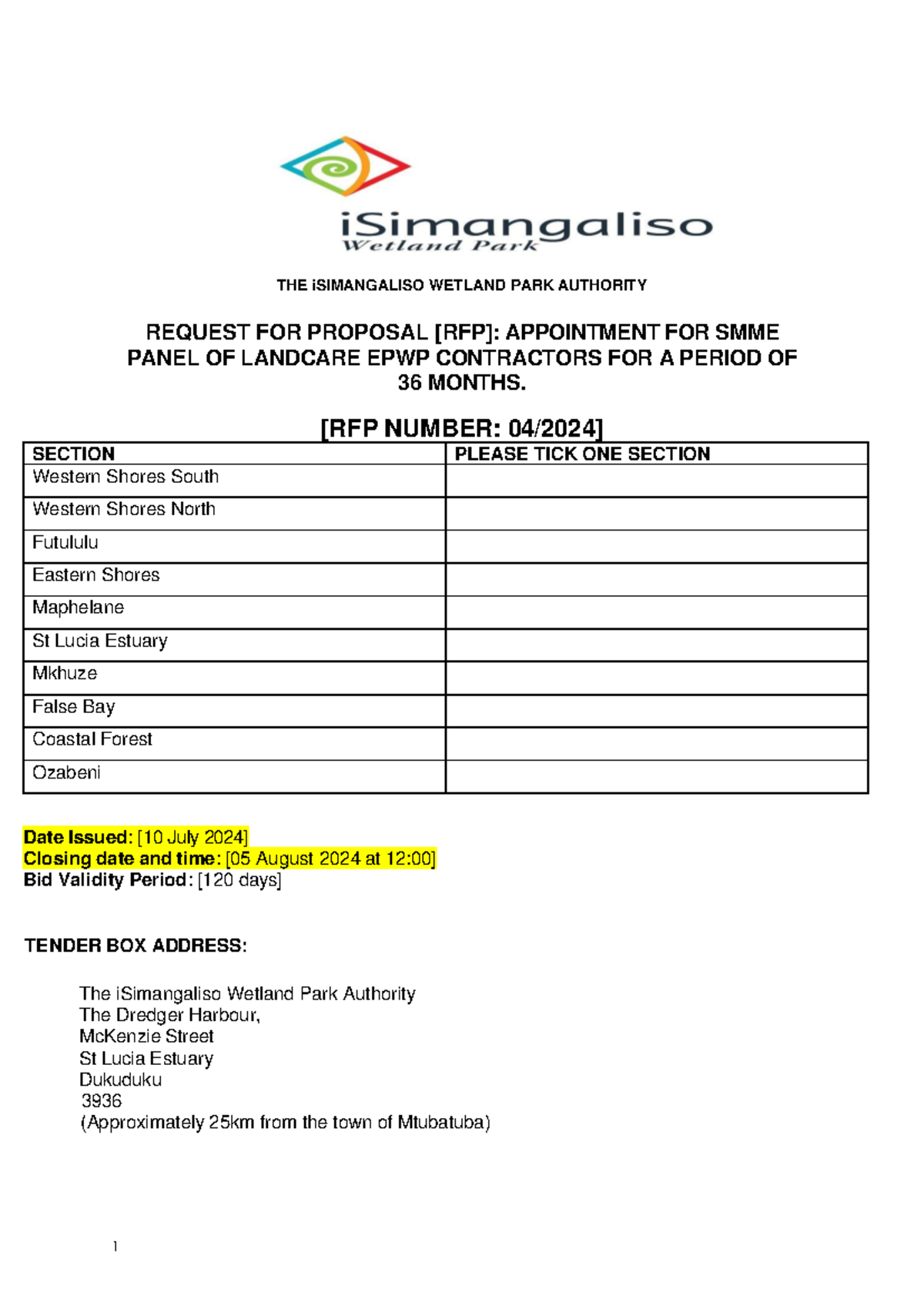 Tender 04-2024 RFP for Panel of Landcare EPWP Contractors - THE ...