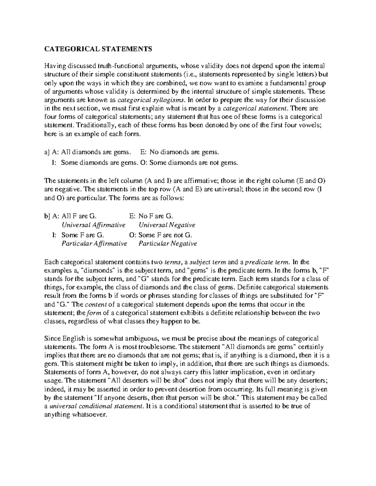 Categorical statements and syllogisms - CATEGORICAL STATEMENTS Having ...