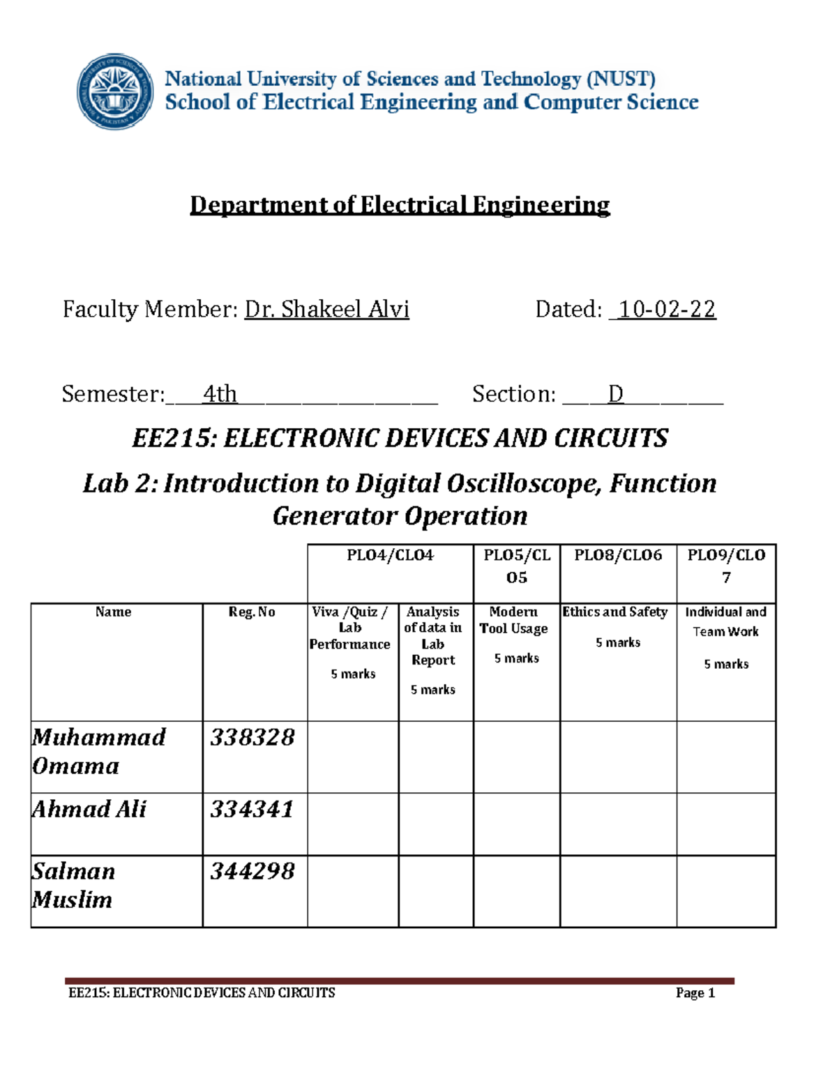 Lab 2 - Department of Electrical Engineering Faculty Member: Dr ...