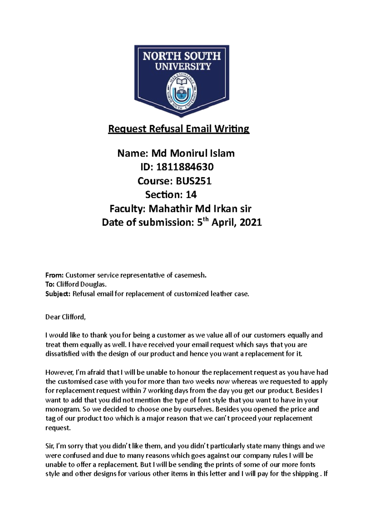 Writing refusal refusal email to not give a replacement - Request ...