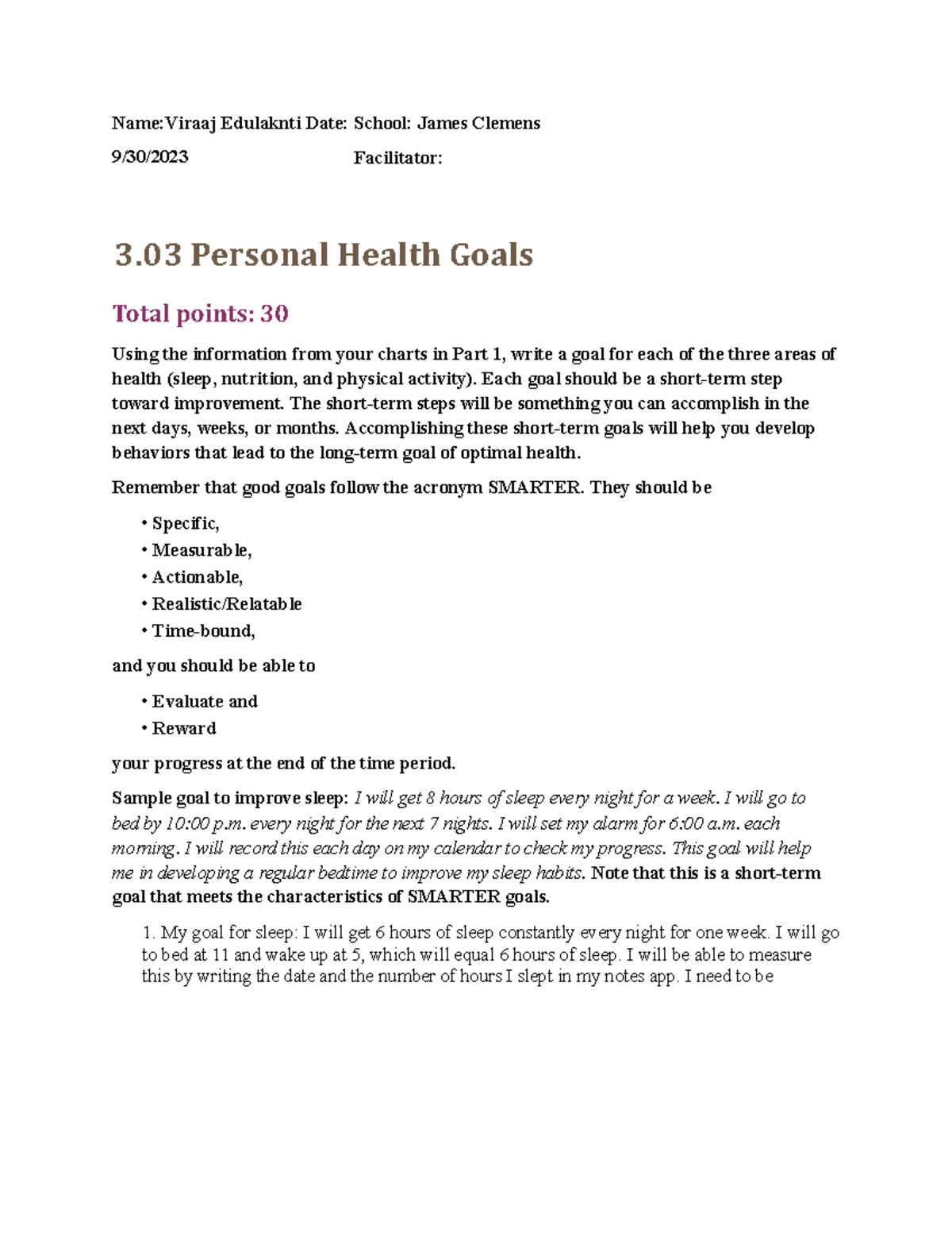 3.03 Personal Health Goals - Name:Viraaj Edulaknti Date: 9/30/ School ...