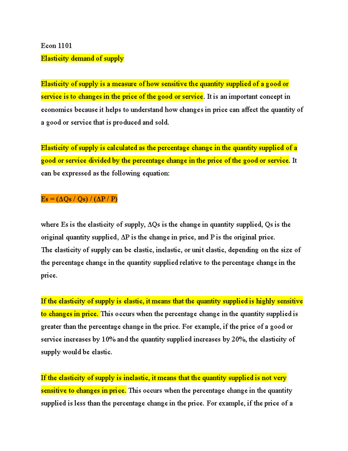 Elasticity demand of supply - Econ 1101 Elasticity demand of supply ...