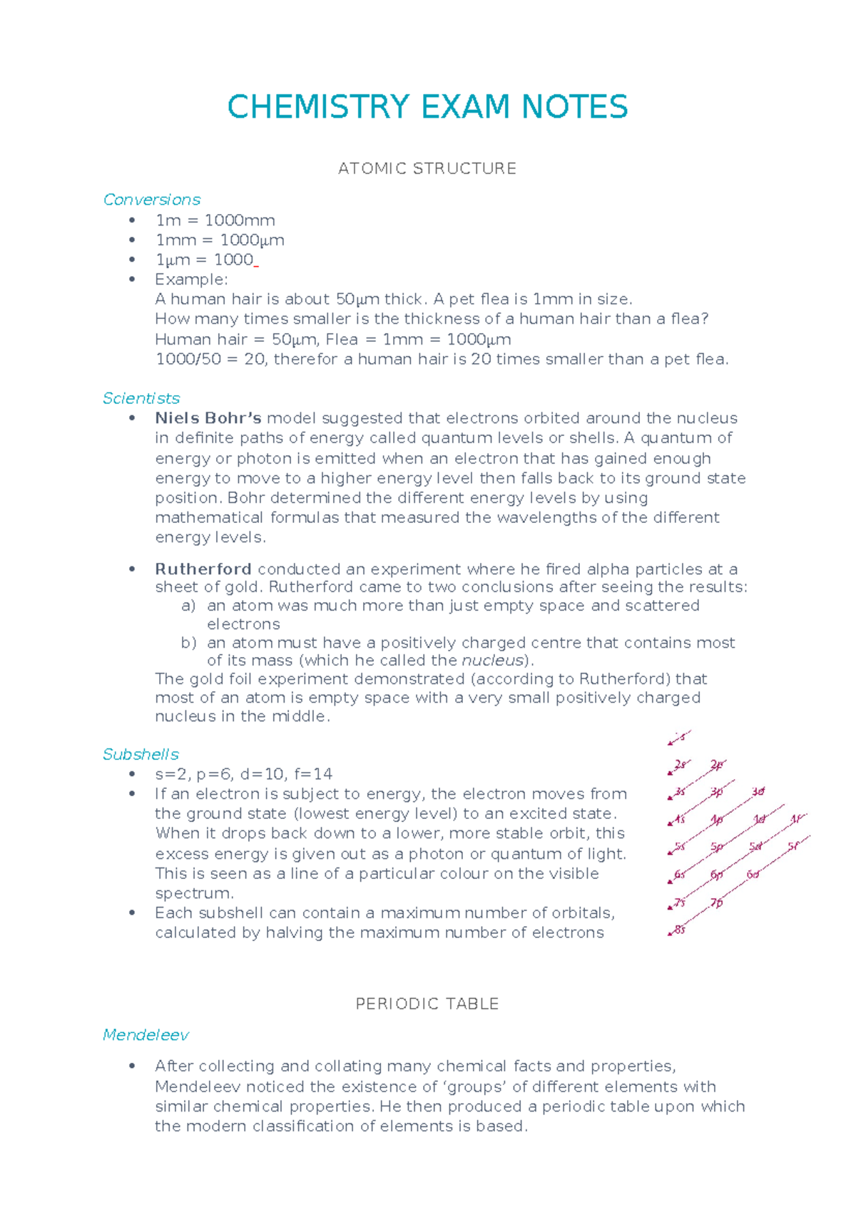 Chemistry Exam Notes Chemistry Exam Notes Atomic Structure
