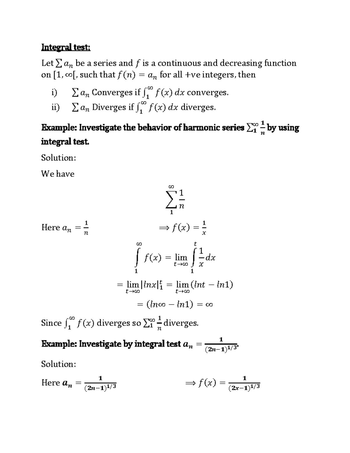 LEC 7 Integral test - Integral test: Let ∑𝑎 𝑛 be a series and 𝑓 is a ...