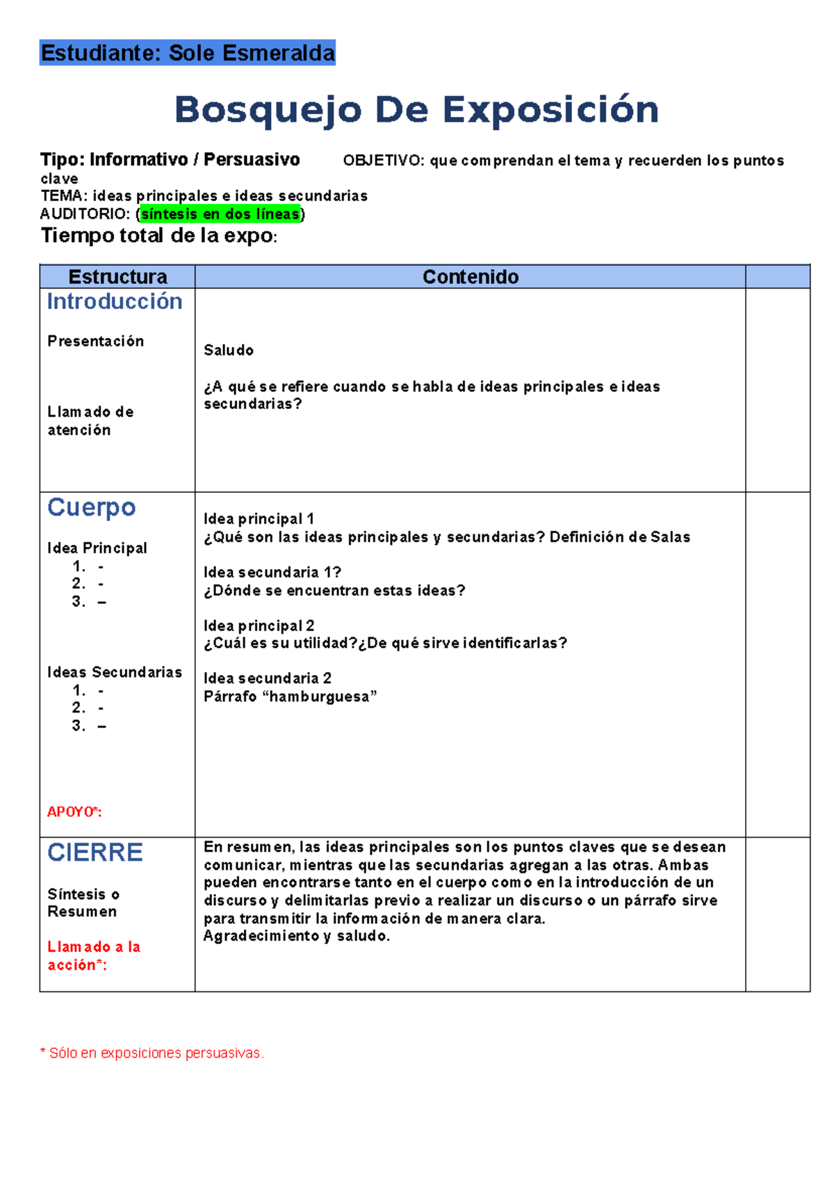 Bosquejo - Estudiante: Sole Esmeralda Bosquejo De Exposición Tipo ...