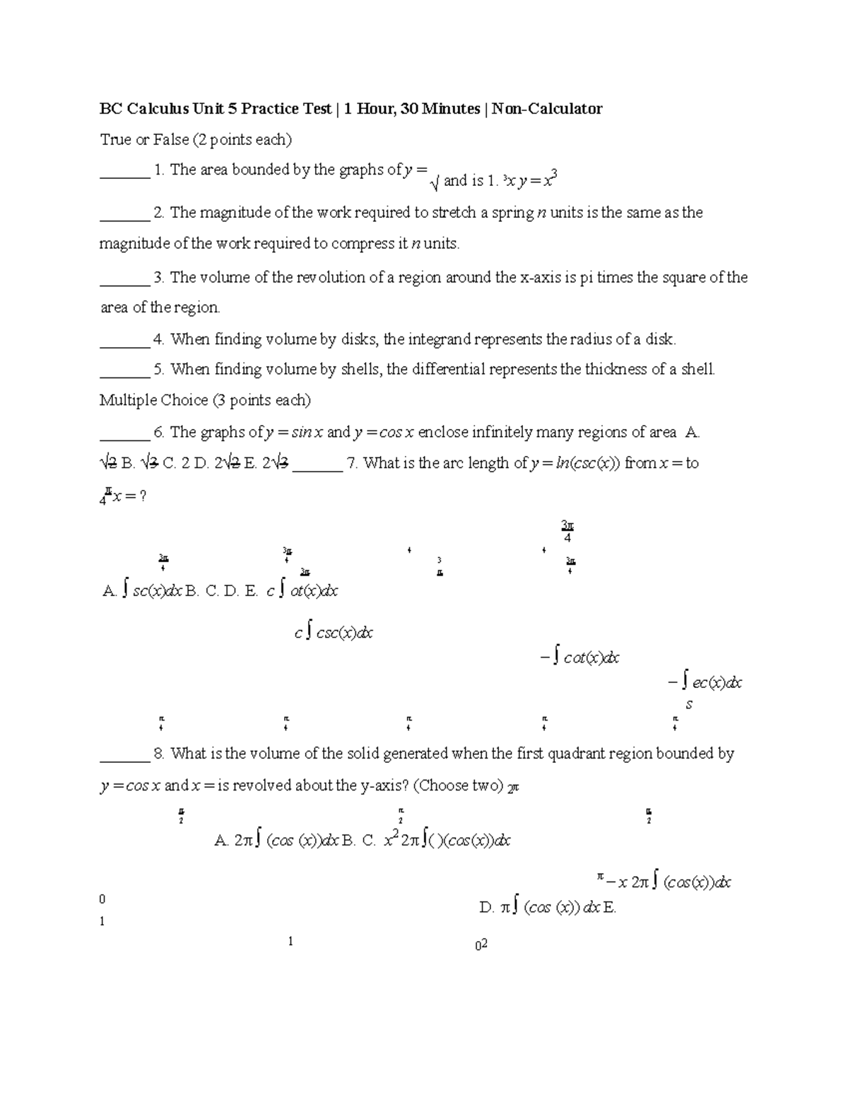 Bc Calc Unit 5 Practice Bc Calculus Unit 5 Practice Test 1 Hour 30 Minutes Non Calculator
