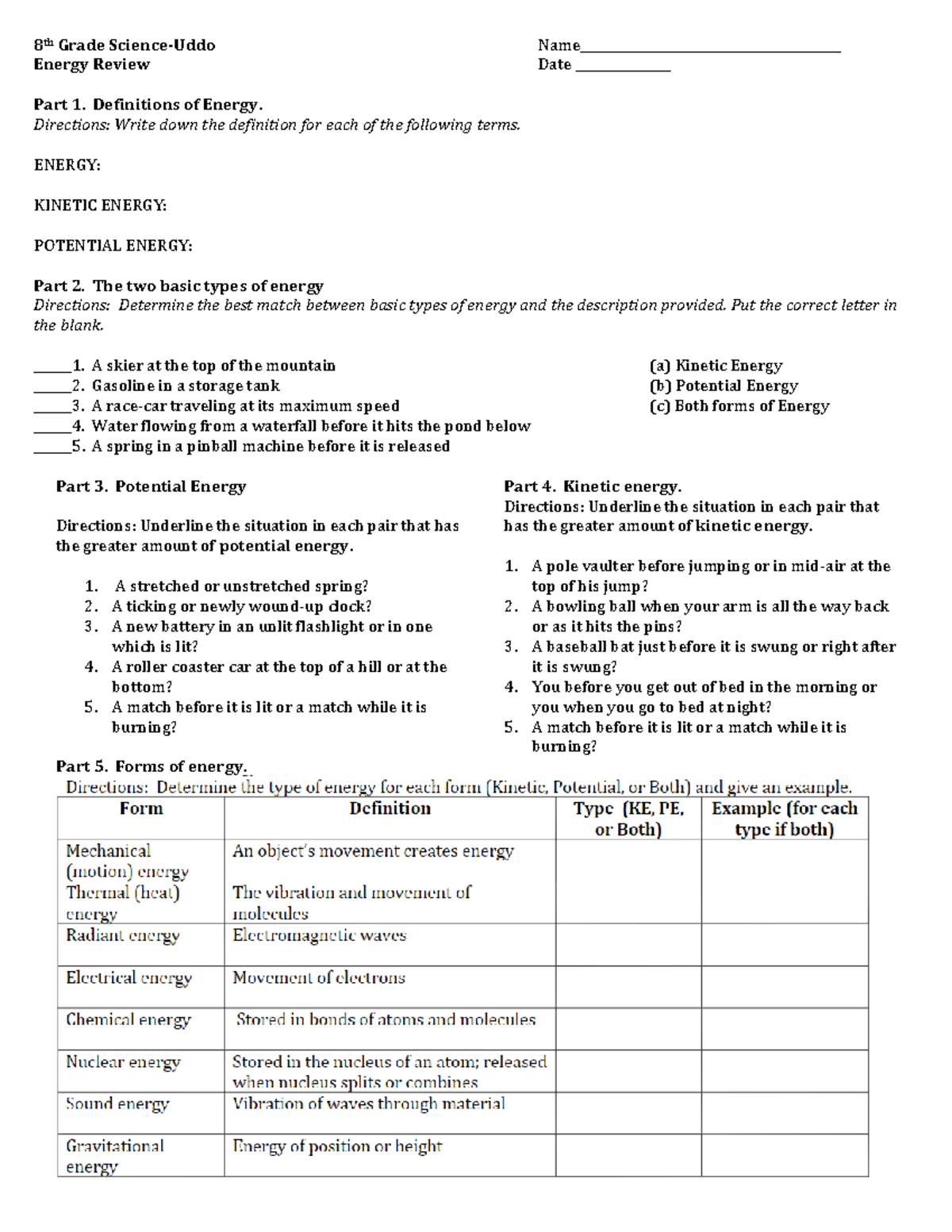 Energy review worksheet - 8 th Grade Science-Uddo Name