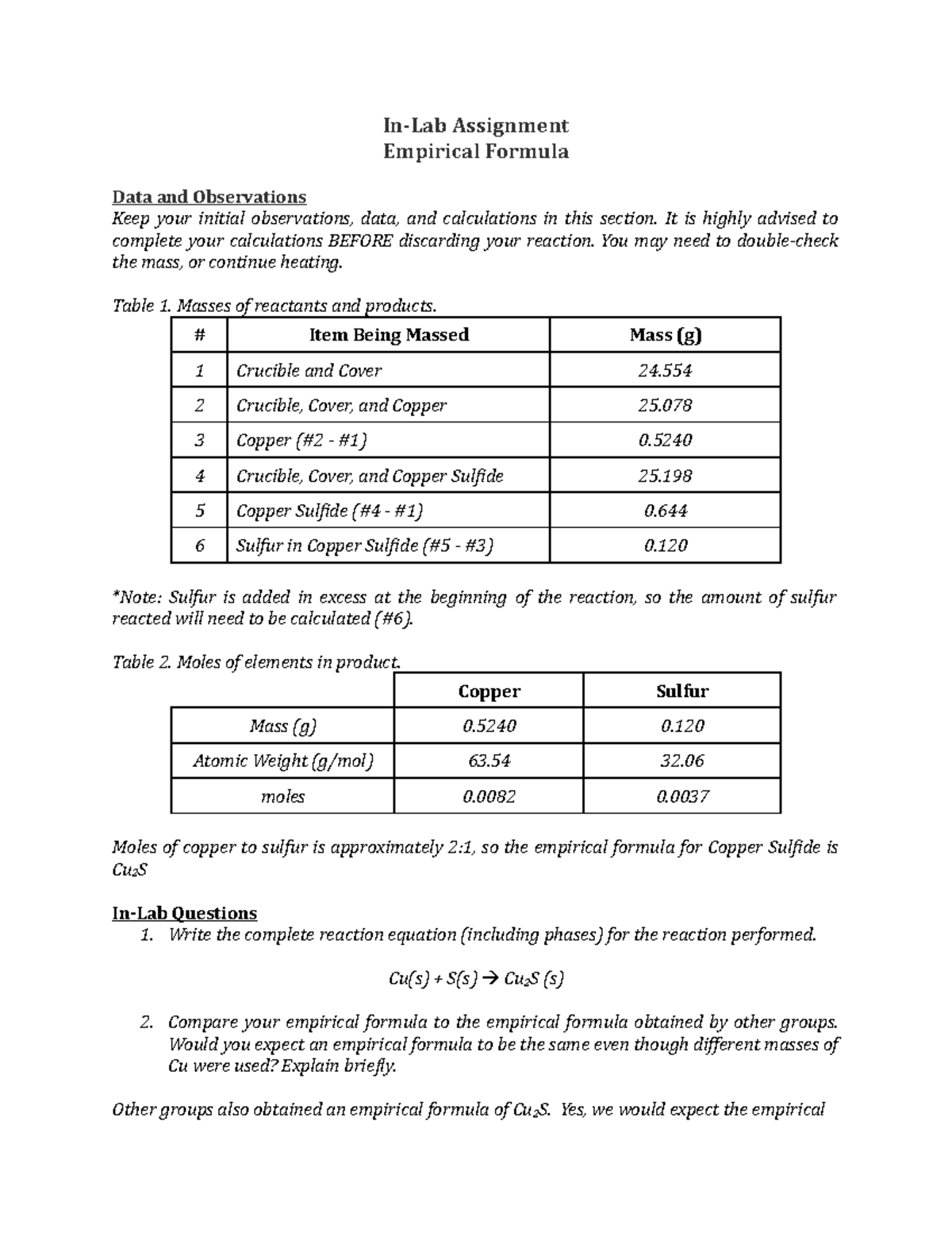 Godpr 2b.In-Lab EF - In Lab - In-Lab Assignment Empirical Formula Data and Observations Keep ...