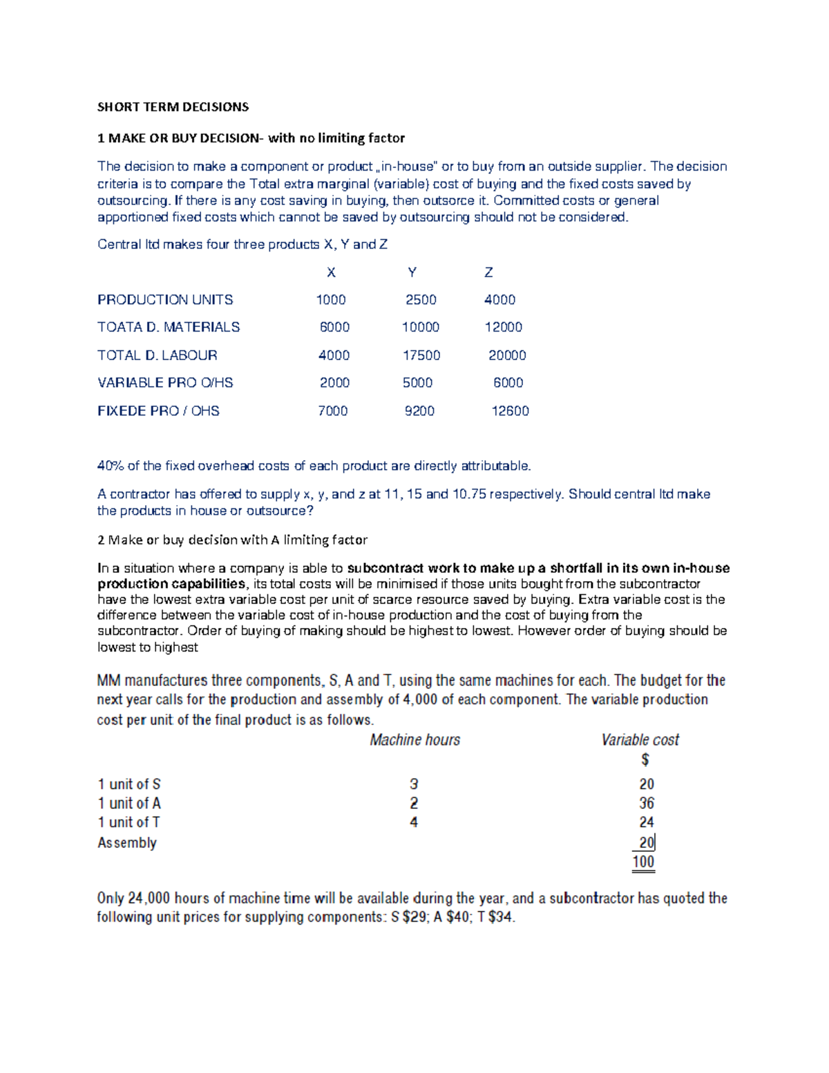 Short TERM Decisions - notes - SHORT TERM DECISIONS 1 MAKE OR BUY ...